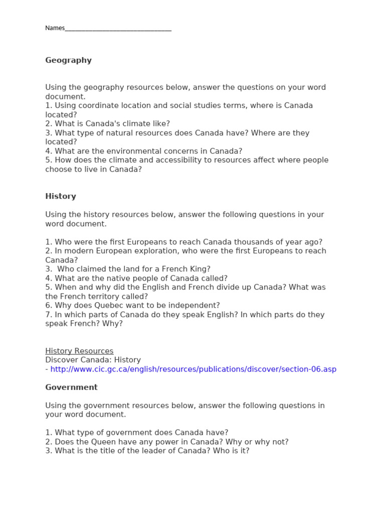 Canada Webquest | PDF