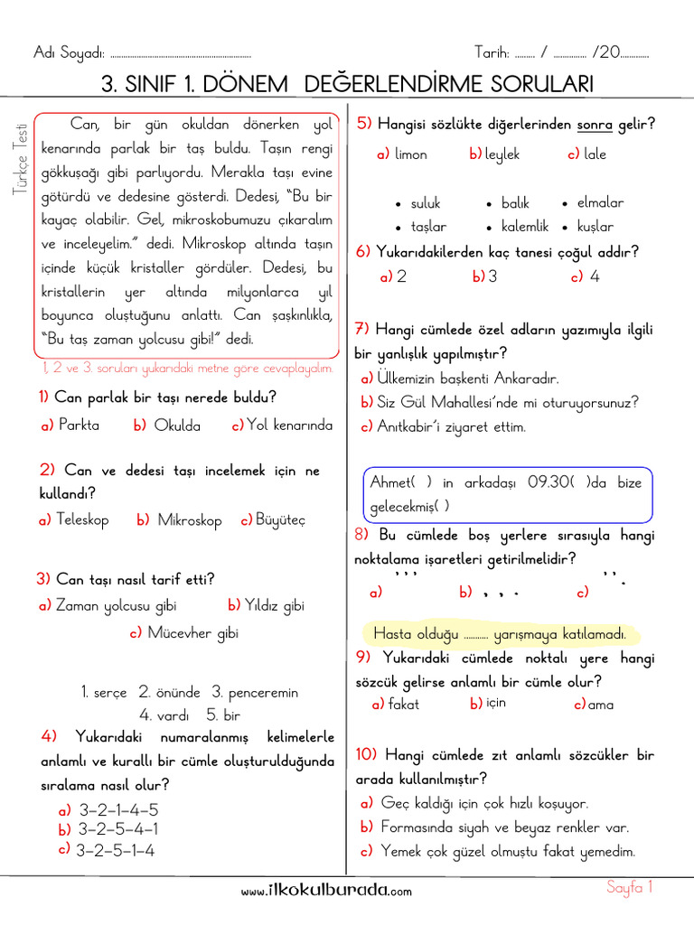 3.sinif 1. Dönem Sonu Değerlendi̇rme Sorulari Ve Cevaplari | PDF