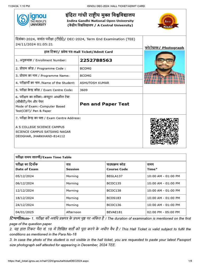 Ignou Dec-2024 - Hall Ticket | PDF