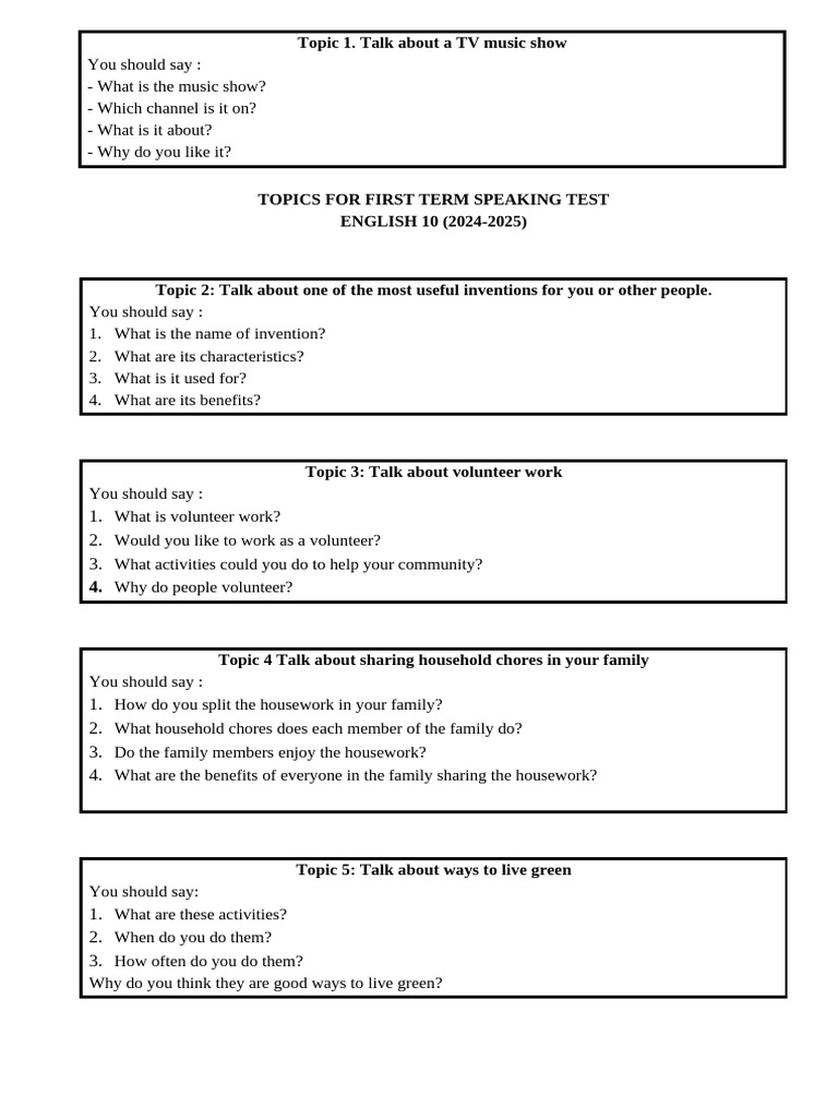 Speaking Topics G10 | PDF