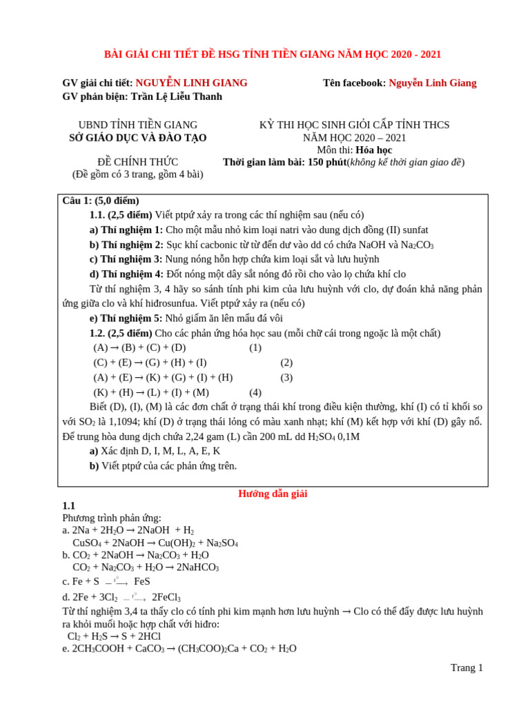 57 BÀI GIẢI HSG HÓA 9 Tiền Giang 2020 2021 (đã phản biện xong) | PDF