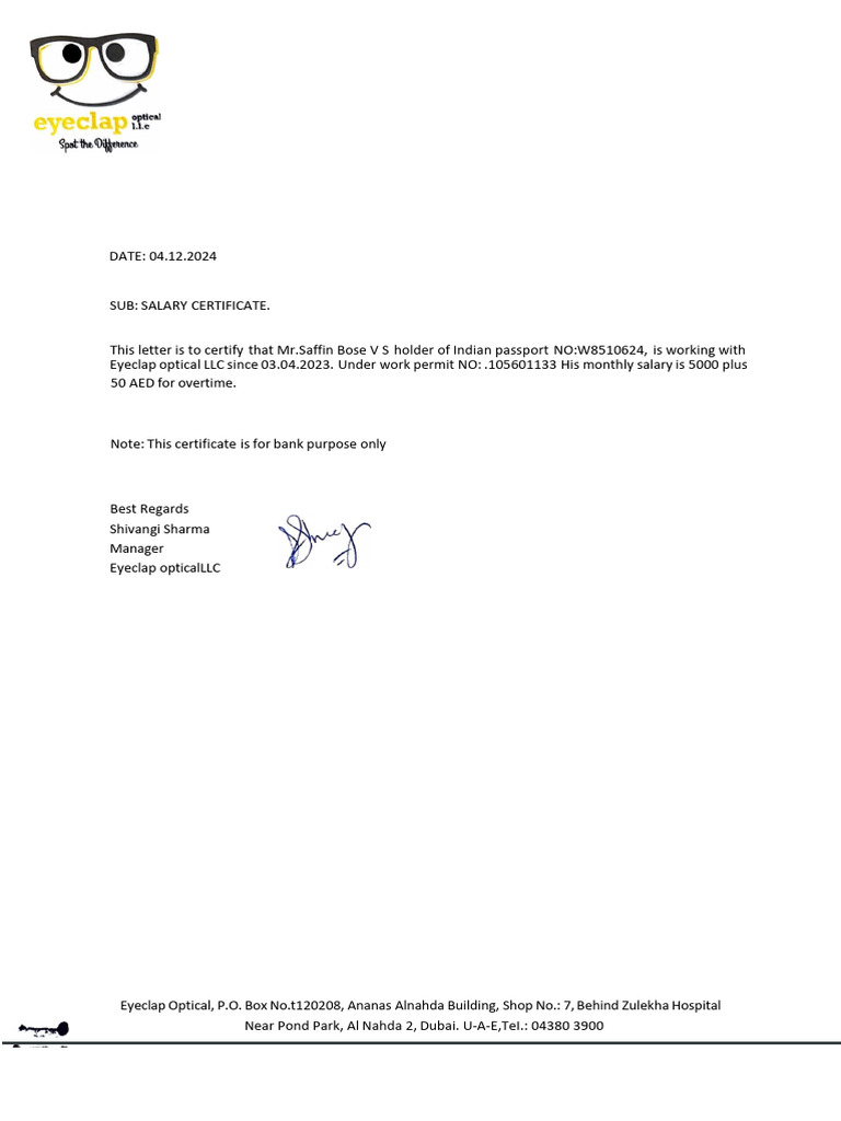 Salary Certificate for Saffin Bose | PDF