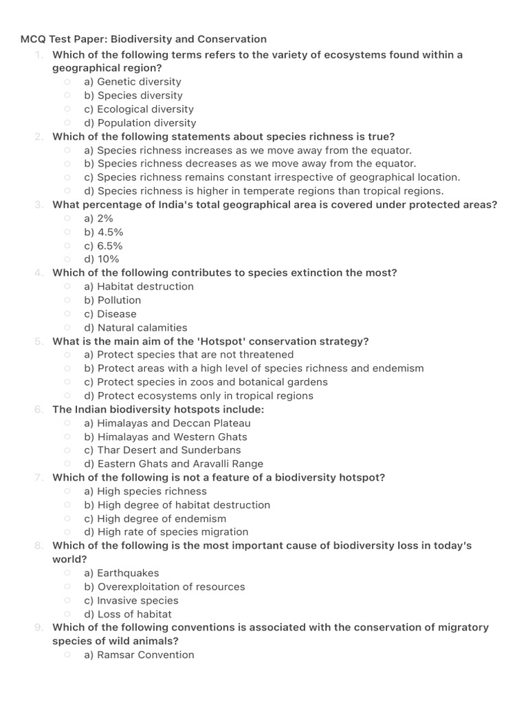 MCQ Test Paper Biodiversity and Conservation-2 | PDF | Conservation ...