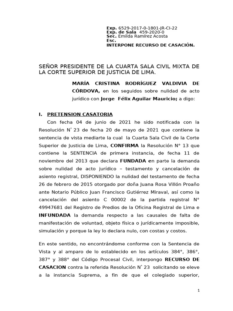 Recurso de Casación Exp. 6529 2017-0-1801 JR Ci 22 | PDF | Sentencia (ley) | Ley procesal