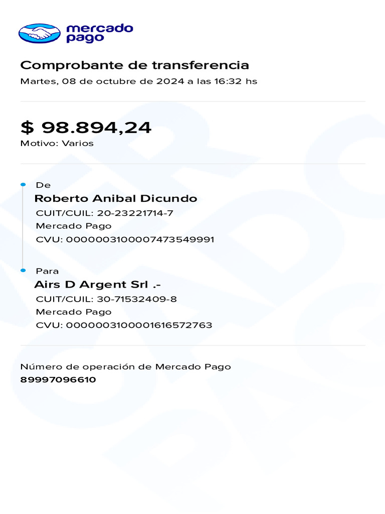 Comprobante Transferencia Mercado Pago | PDF