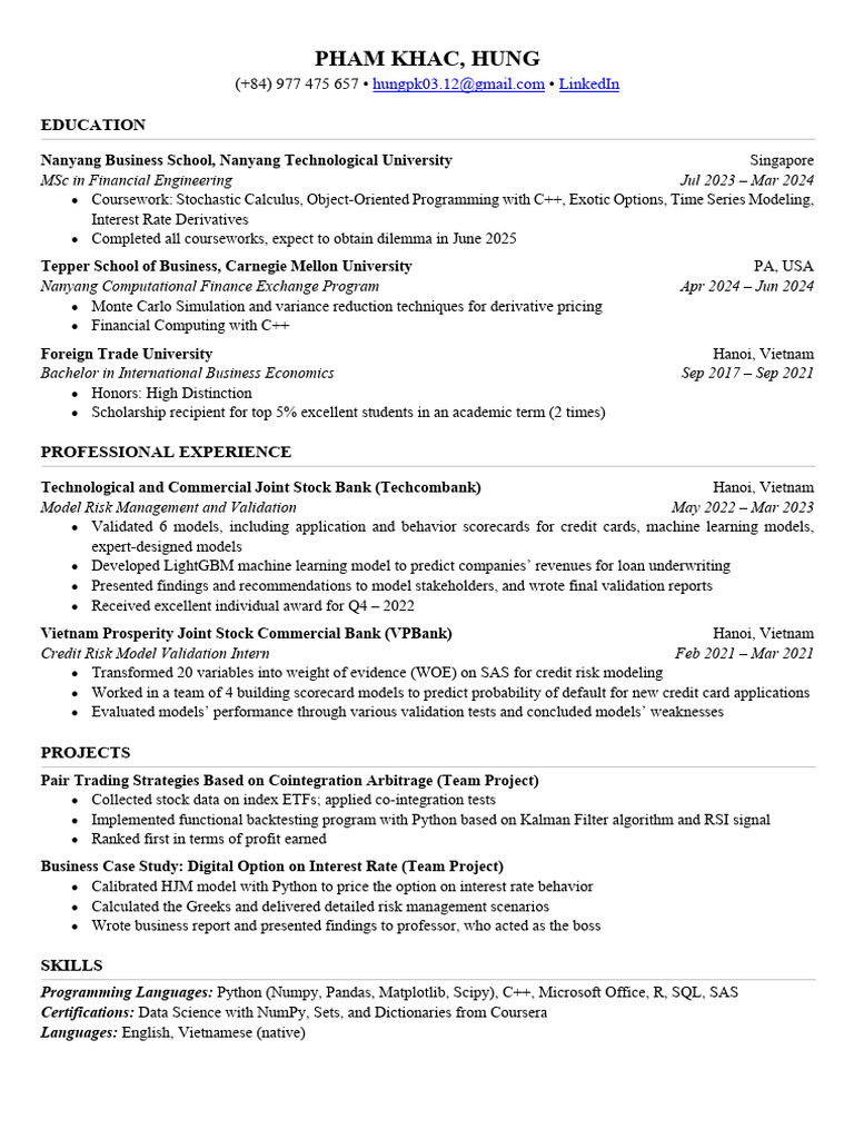 Pham Khac Hung - CV June 2024 | PDF | Option (Finance) | Machine Learning
