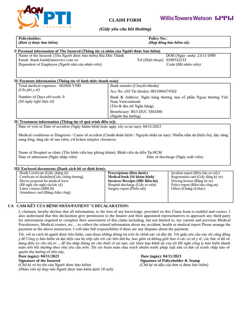 Claim Form PTI | PDF