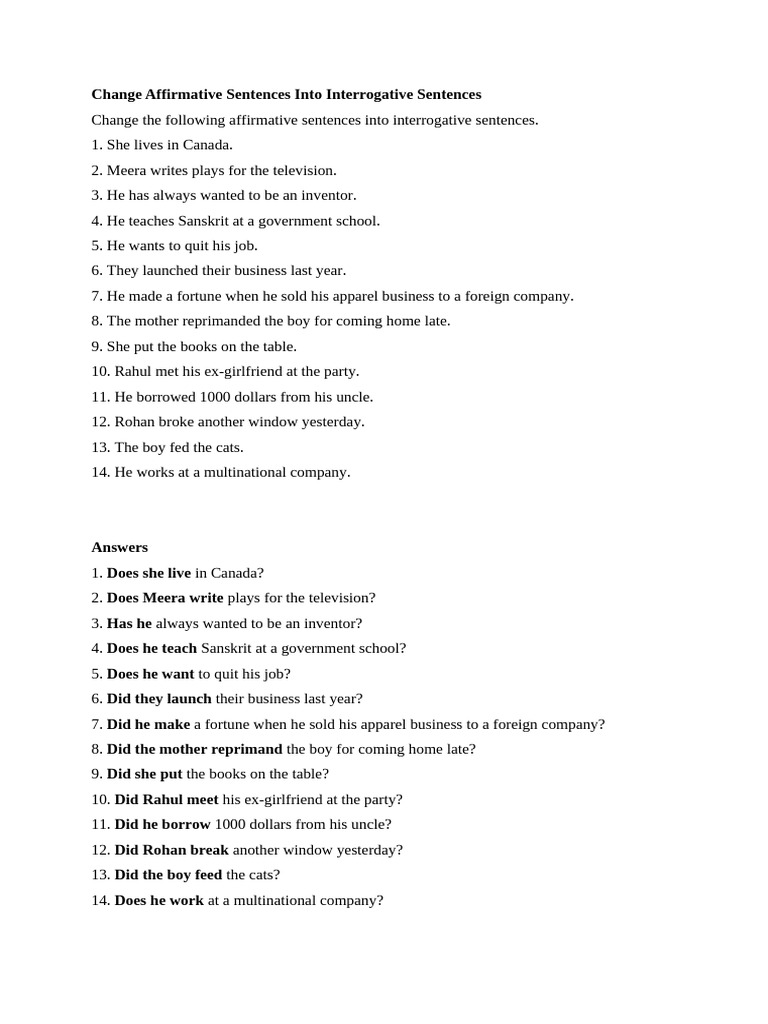 Affirmative to Interrogative Exercises | PDF