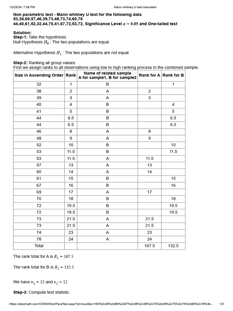Mann Whitney U Test Calculation Guide | PDF | Mann–Whitney U Test ...