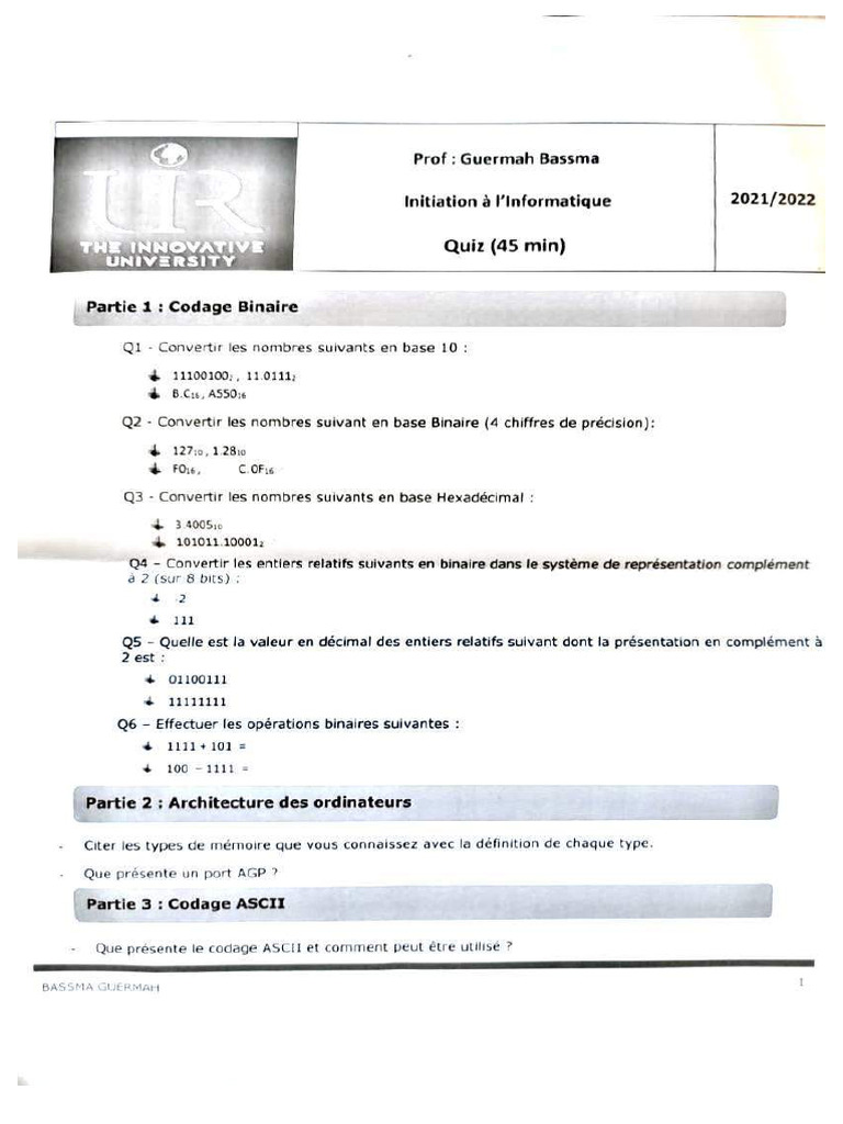 Quiz Informatique1 | PDF