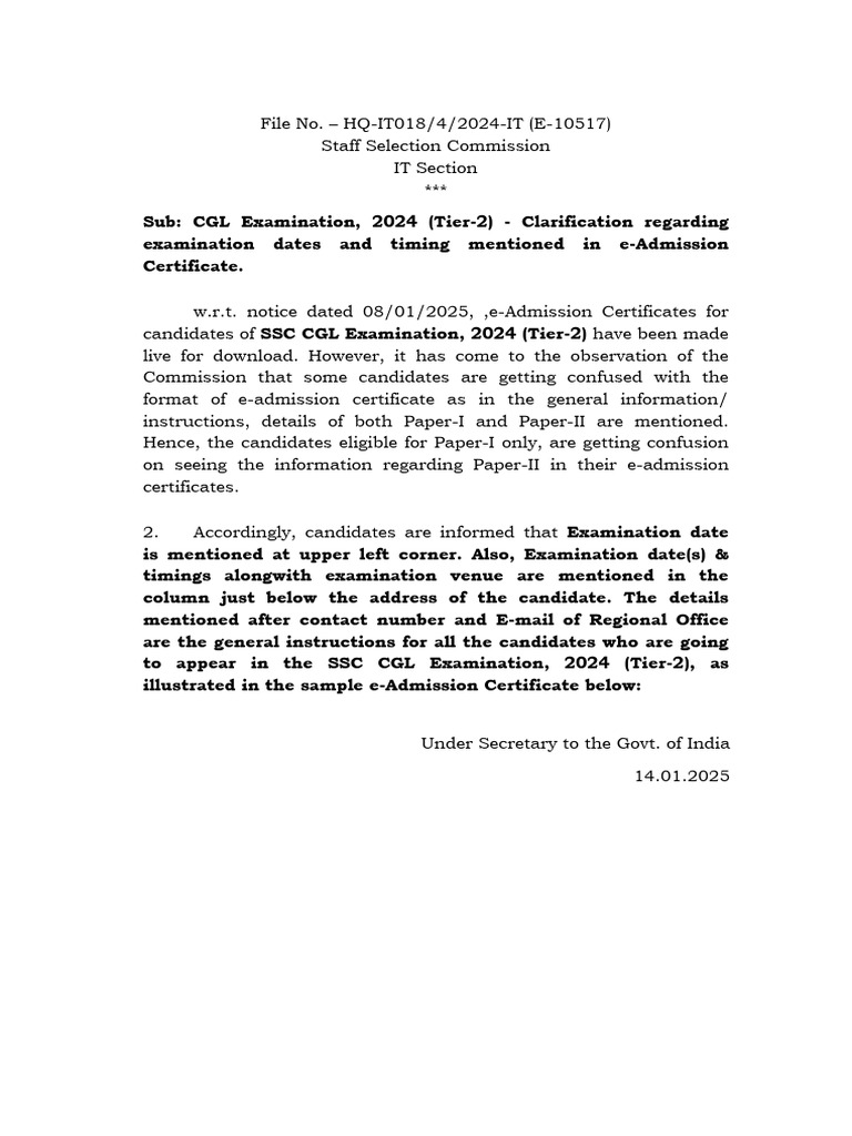 Notice For Clarification in E-Admission Certificate - 140124 | PDF
