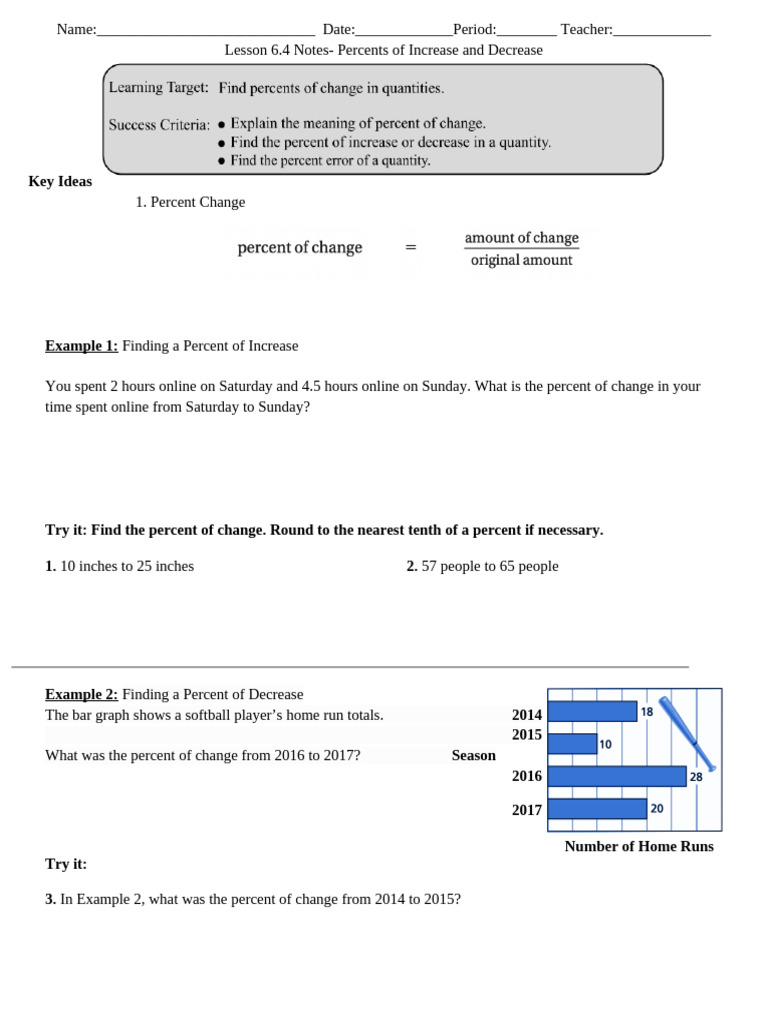 Lesson 6.4 Notes - Percents of Increase and Decrease | PDF