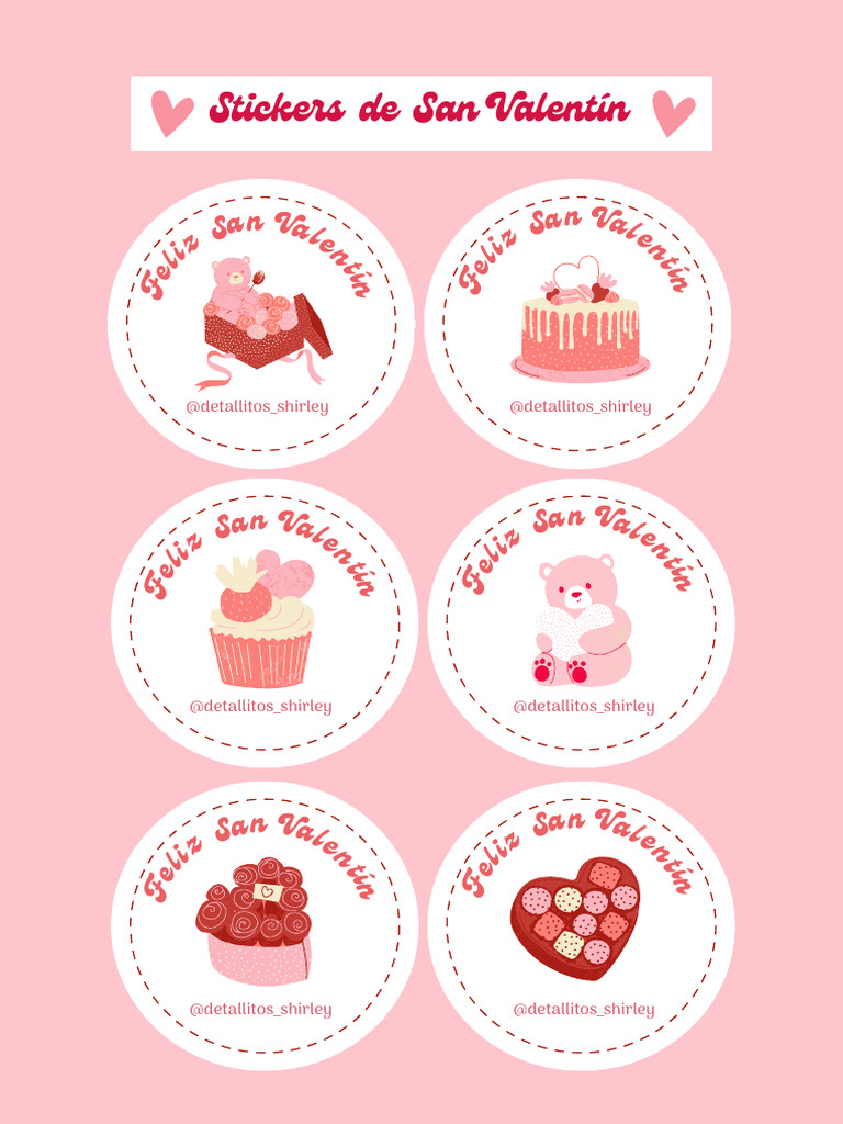 Documento A4 Stickers de San Valentín Ilustrado Rosa y Rojo PDF | PDF