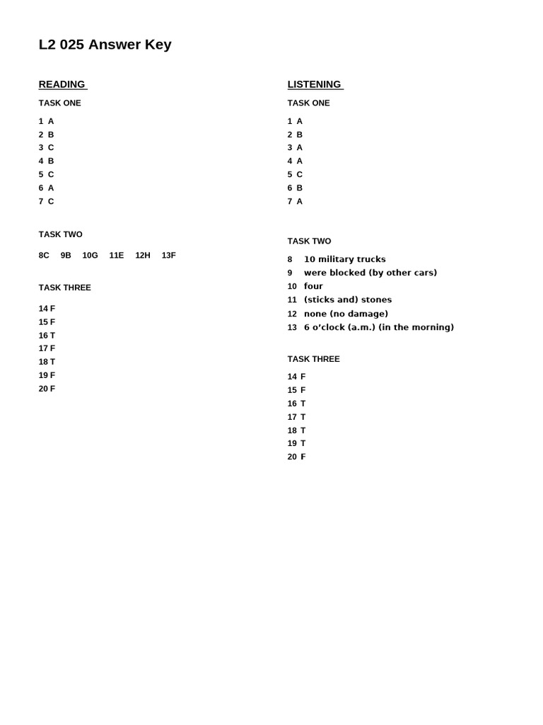 L2 025 Answer Key | PDF