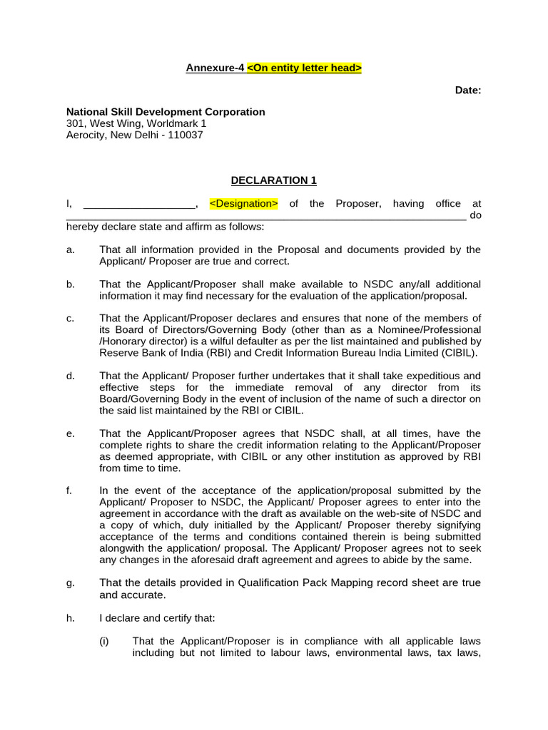 Annexure 4 - Declaration To Be Submitted With All Proposals | PDF ...