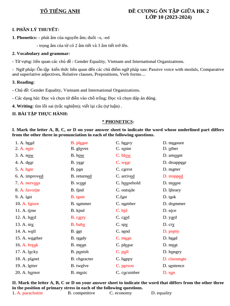 2024 de Cuong On Thi Giua HK2 | PDF | Learning Styles