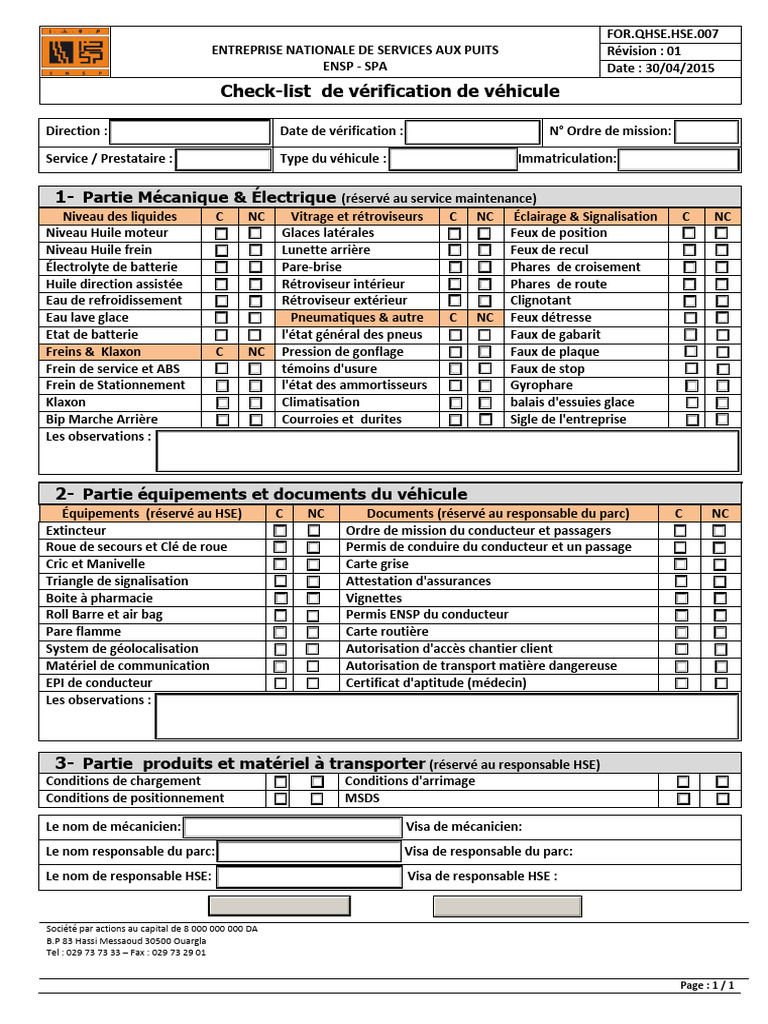 Formulaire Check-List de Vérification de Véhicule | PDF | Pneumatique ...