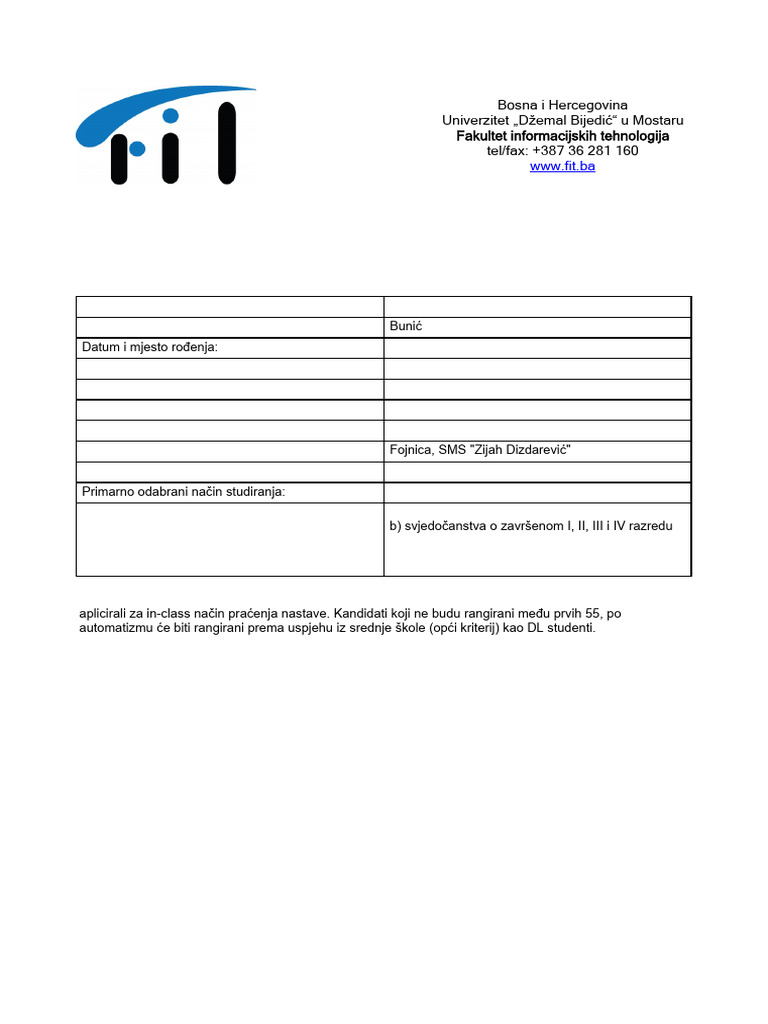 Prijava Za Upis | PDF