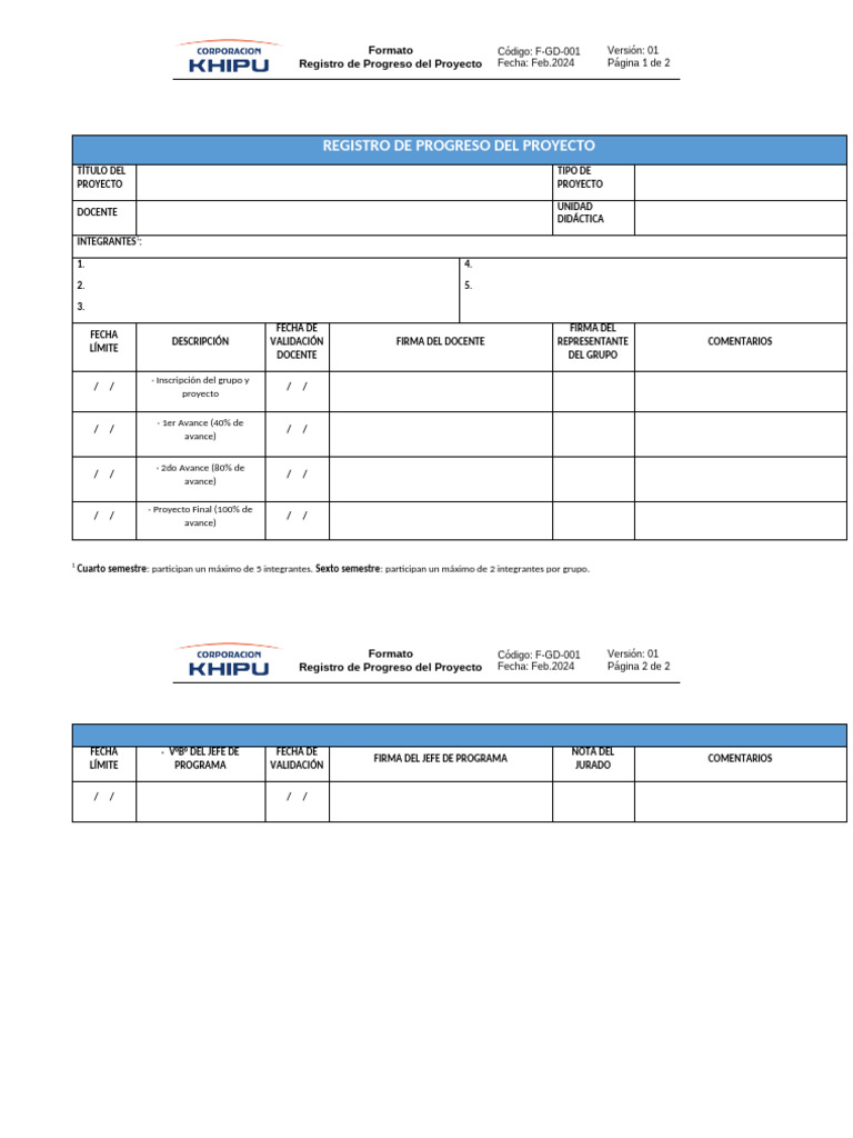 F-gd-001 Registro de Progreso Del Proyecto (5) (1) | PDF