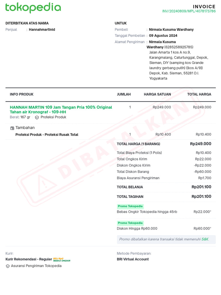 Invoice Pembelian Jam Tangan | PDF