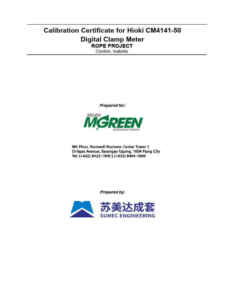 ROPE-ES-06 Calibration Certificate for Hioki CM4141-50 Digital Clamp Meter | PDF