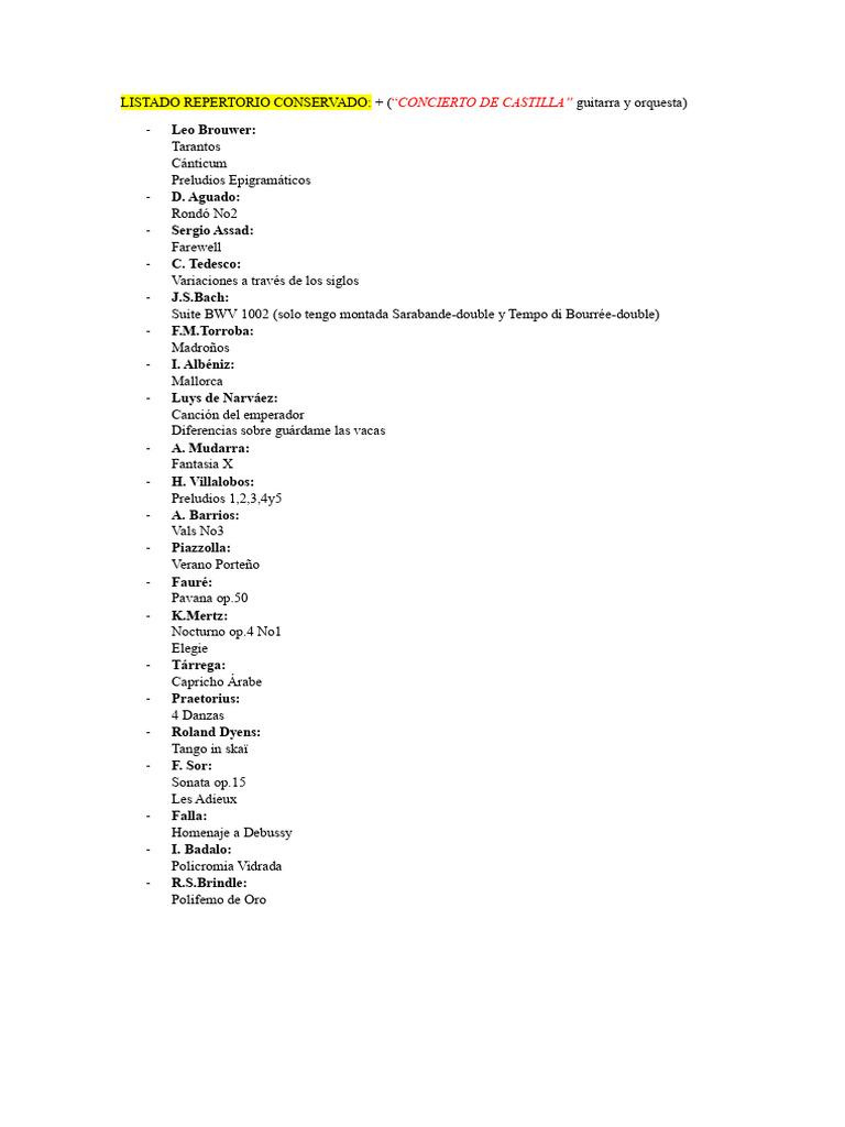 Repertorio de Concierto para Guitarra | PDF