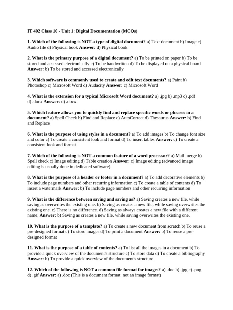 unit 1 important MCQ | PDF | Microsoft Word | Digital Technology