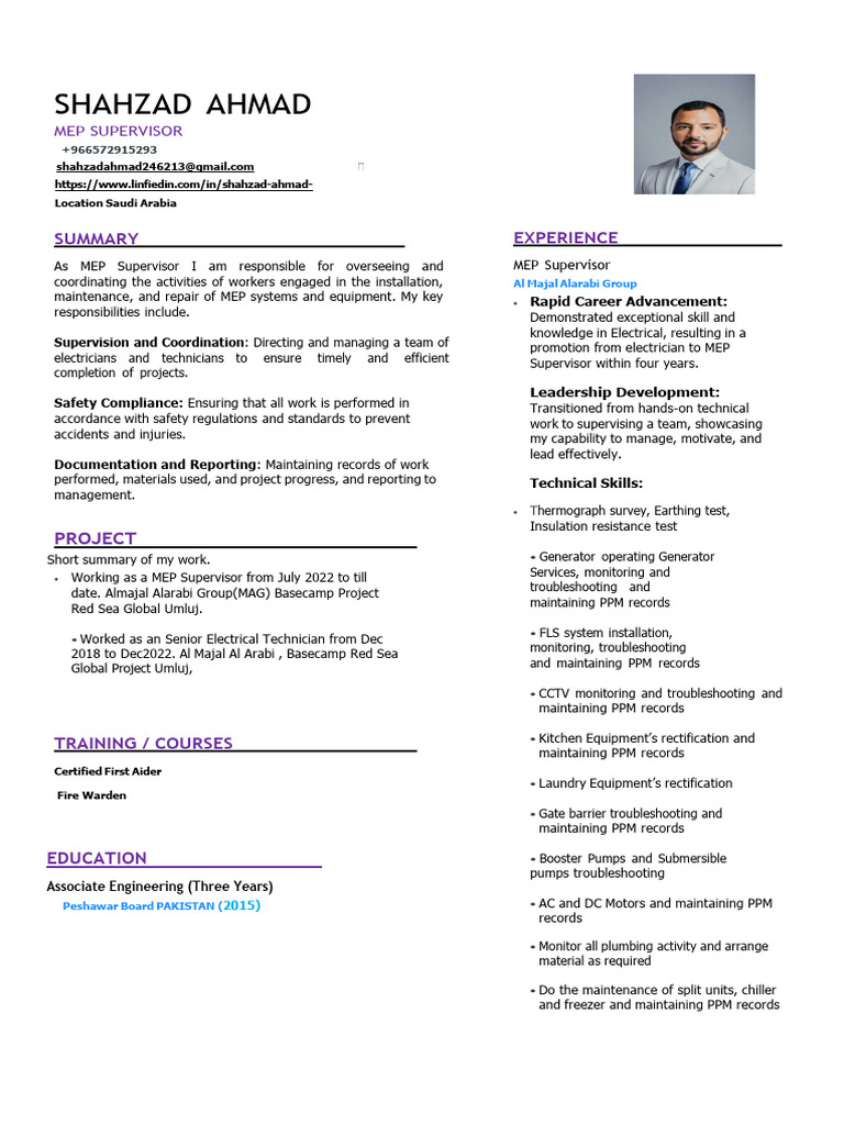 Shahzad CV (MEP Supervisor) | PDF | Electrician | Electricity