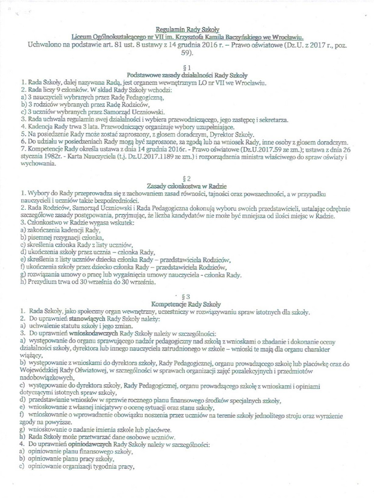 Regulamin Rady Szkoly LO NR VII | PDF