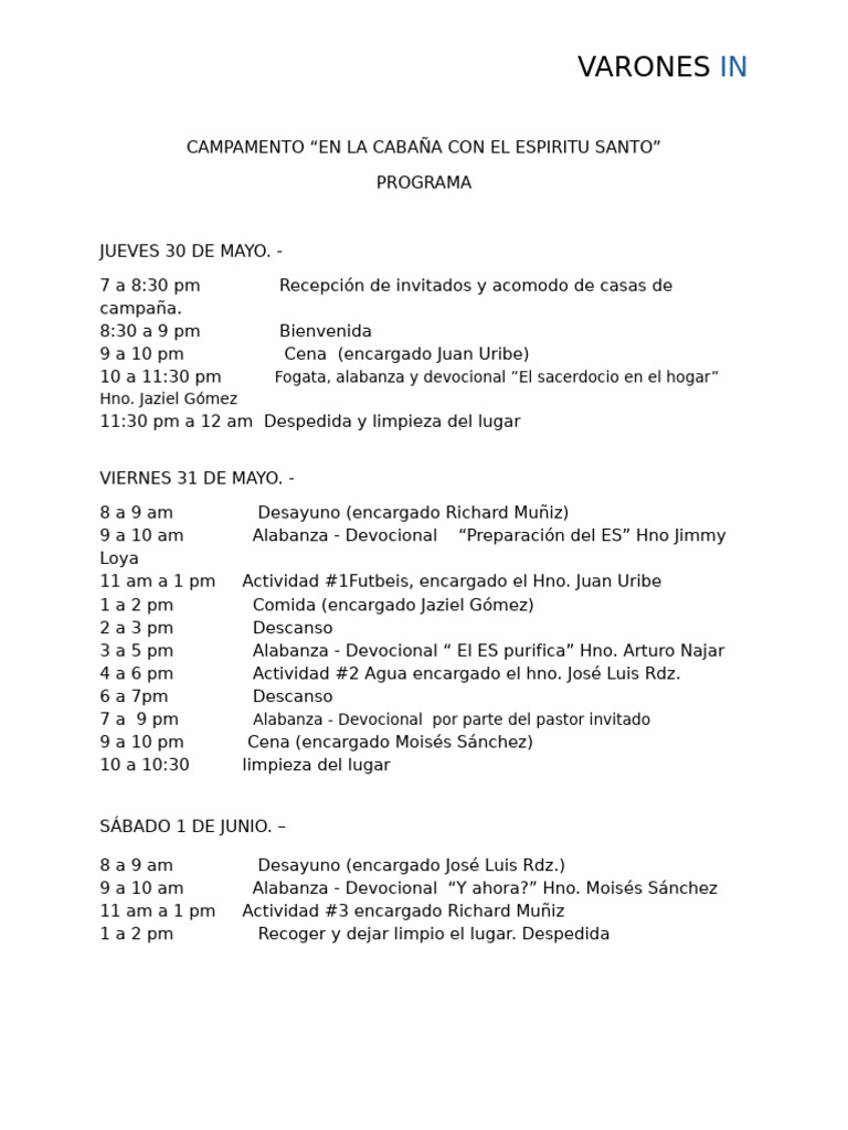 Programa Del Campamento | PDF | Pancho | Alimentos