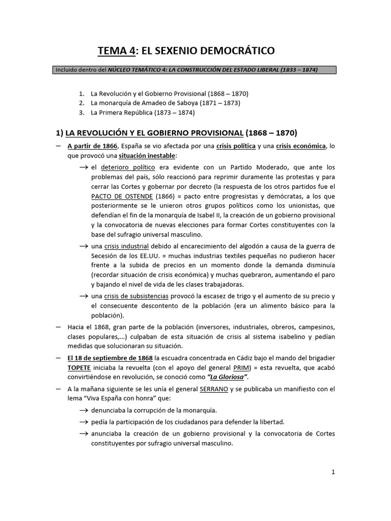 T4 - El Sexenio Democrático | PDF | Gobierno | Ciencias Políticas