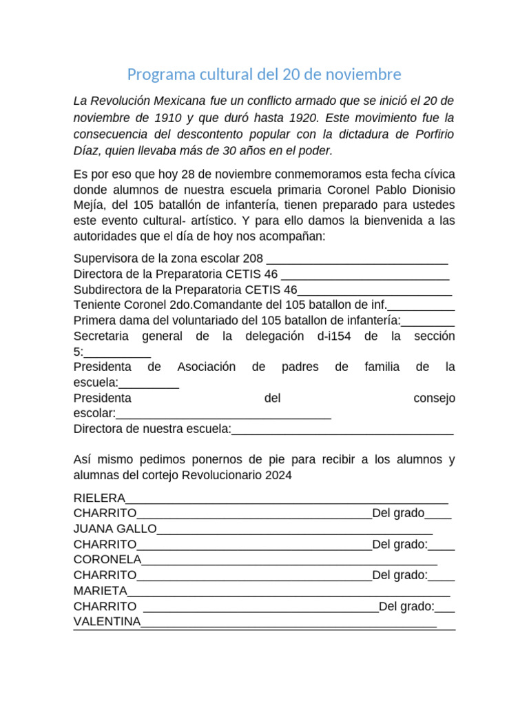 Programa Cultural Del 20 de Noviembre | PDF | revolución mejicana | México