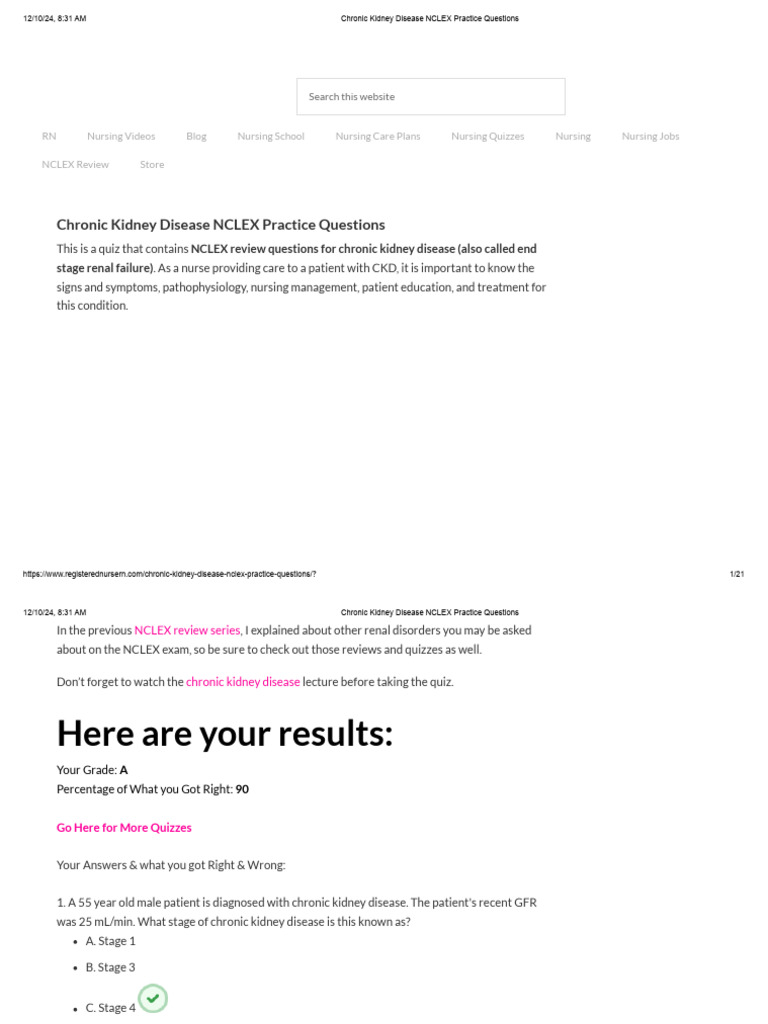 CKD NCLEX Practice Questions Quiz | PDF | Chronic Kidney Disease | Kidney
