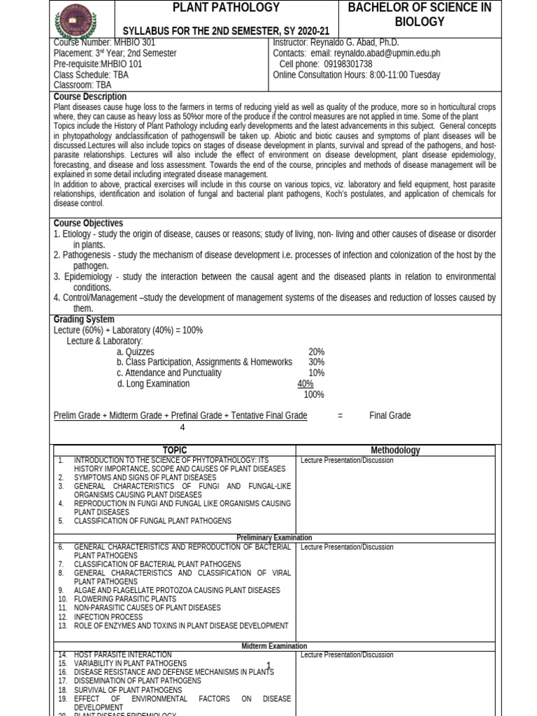 Plant Pathology Course Outline | PDF | Plant Pathology | Pathogen