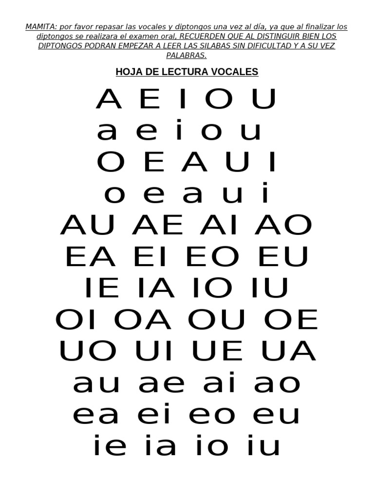 Hoja de Lectura Vocales | PDF