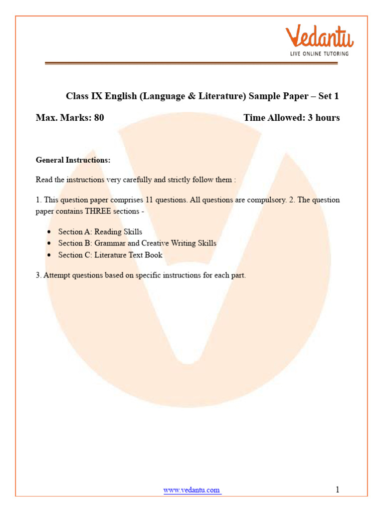 CBSE Class 9 English (Language & Literature) Sample Paper Set 1 FREE PDF | PDF | Adverb