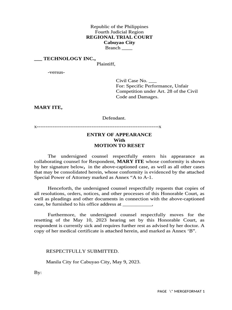 ENTRY OF APPEARANCE- SAMPLE | PDF