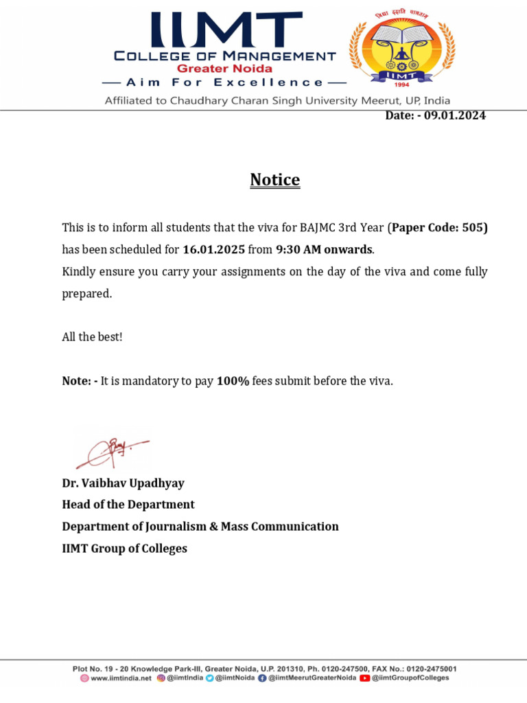 BAJMC 3rd Year Viva Notice | PDF