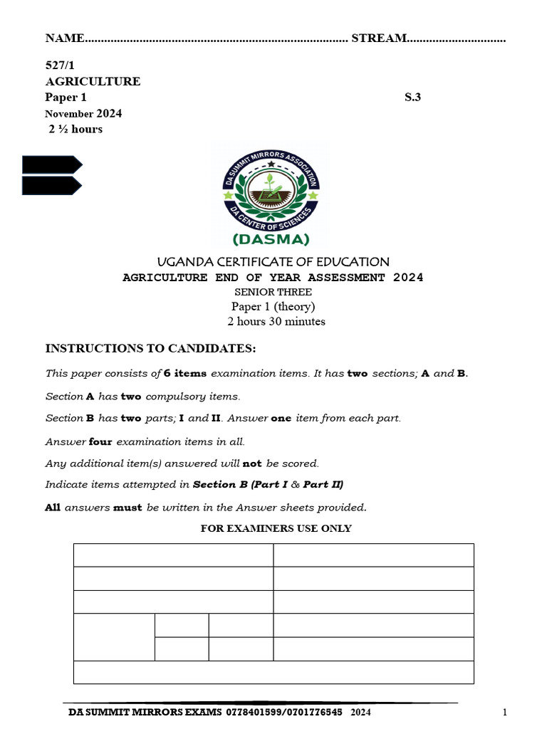 Agric 1 s.3 Eoy Dasma | PDF | Bean | Poultry Farming