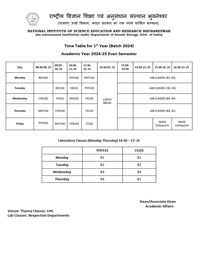 NISER 2024-25 Even Semester Timetable | PDF | Physics | Mechanics