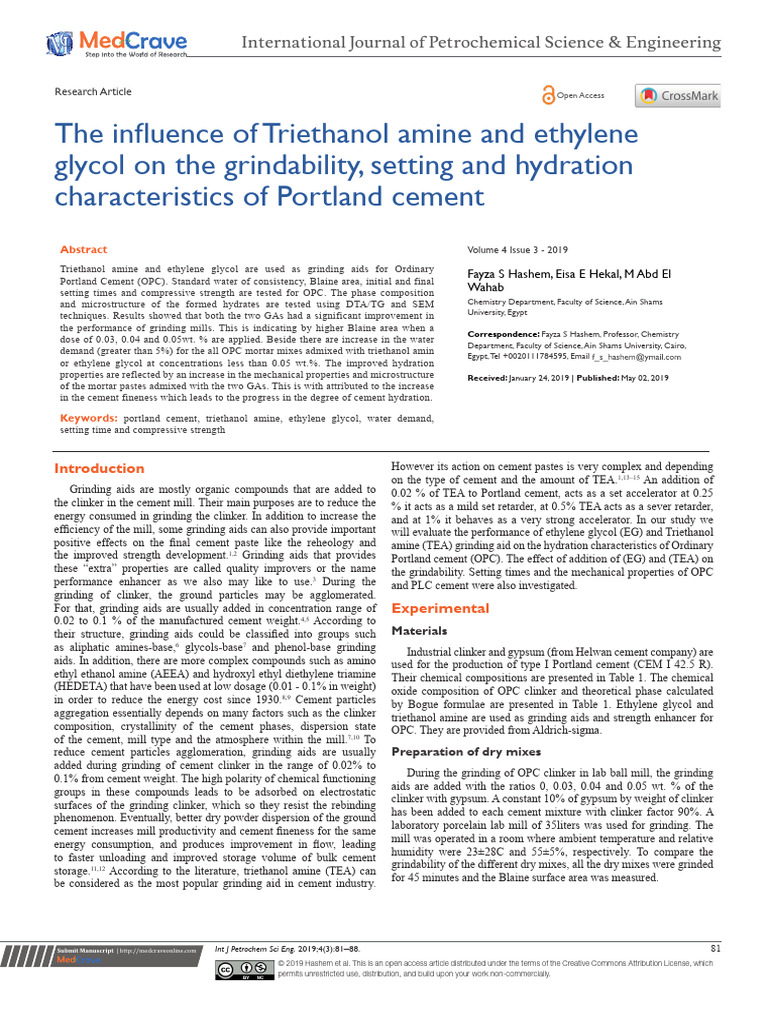 Effects of Ethylene Glycol and Triethanol Amine in Portland Cement ...
