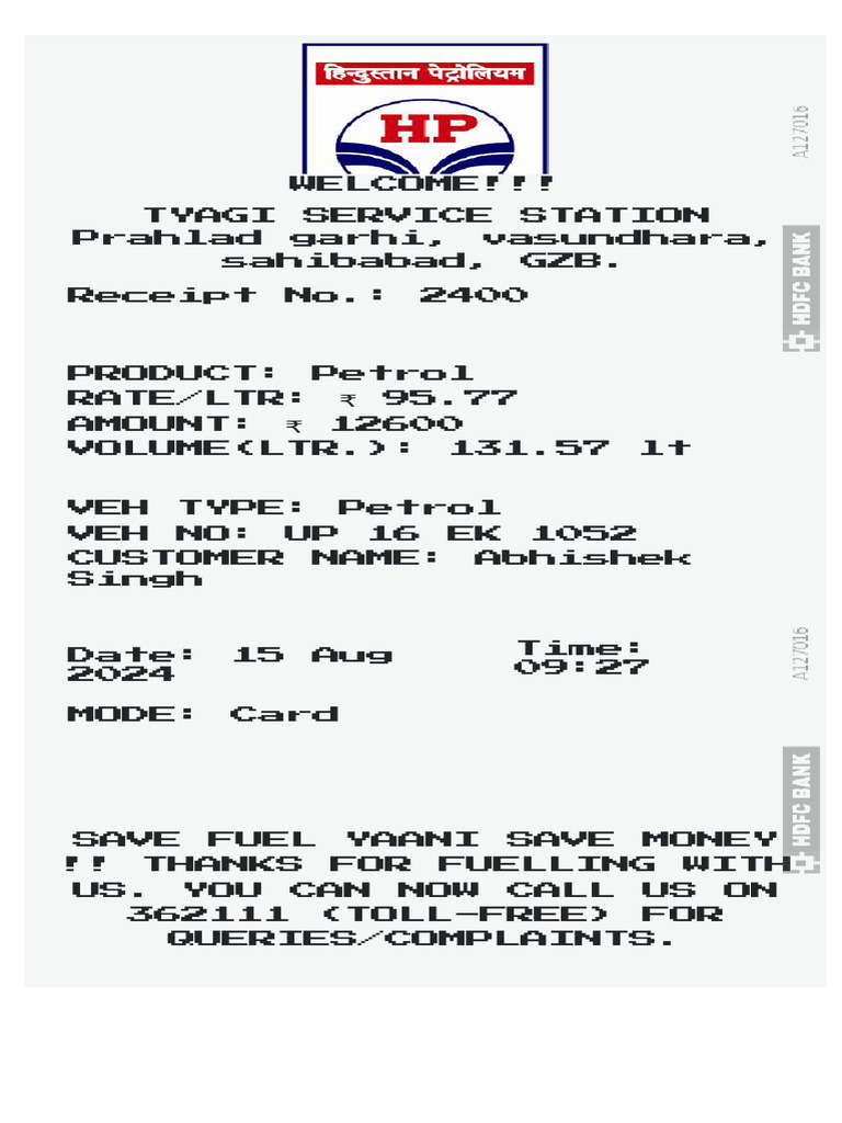 Petrol Receipt from Tyagi Station | PDF