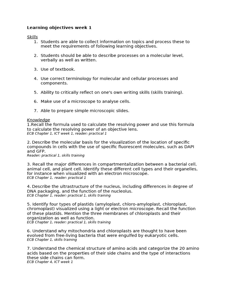Learning Objectives Week 1 2024 | PDF | Cell (Biology) | Proteins