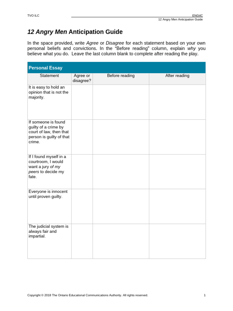 Eng4c 01 Anticipation Guide | PDF