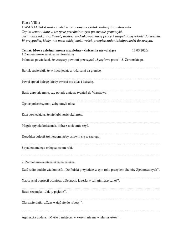 Mowa Zalezna I Mowa Niezalezna Cwiczenia 1803 1584463354 | PDF