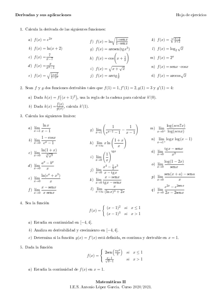 Hoja de Ejercicios Derivadas y Sus Aplicaciones | PDF | Derivado | Matemáticas