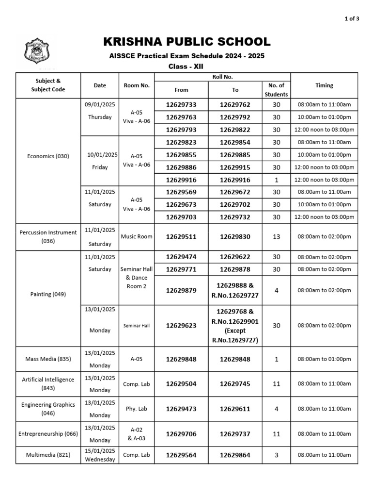 Class XII Practical Time Table | PDF