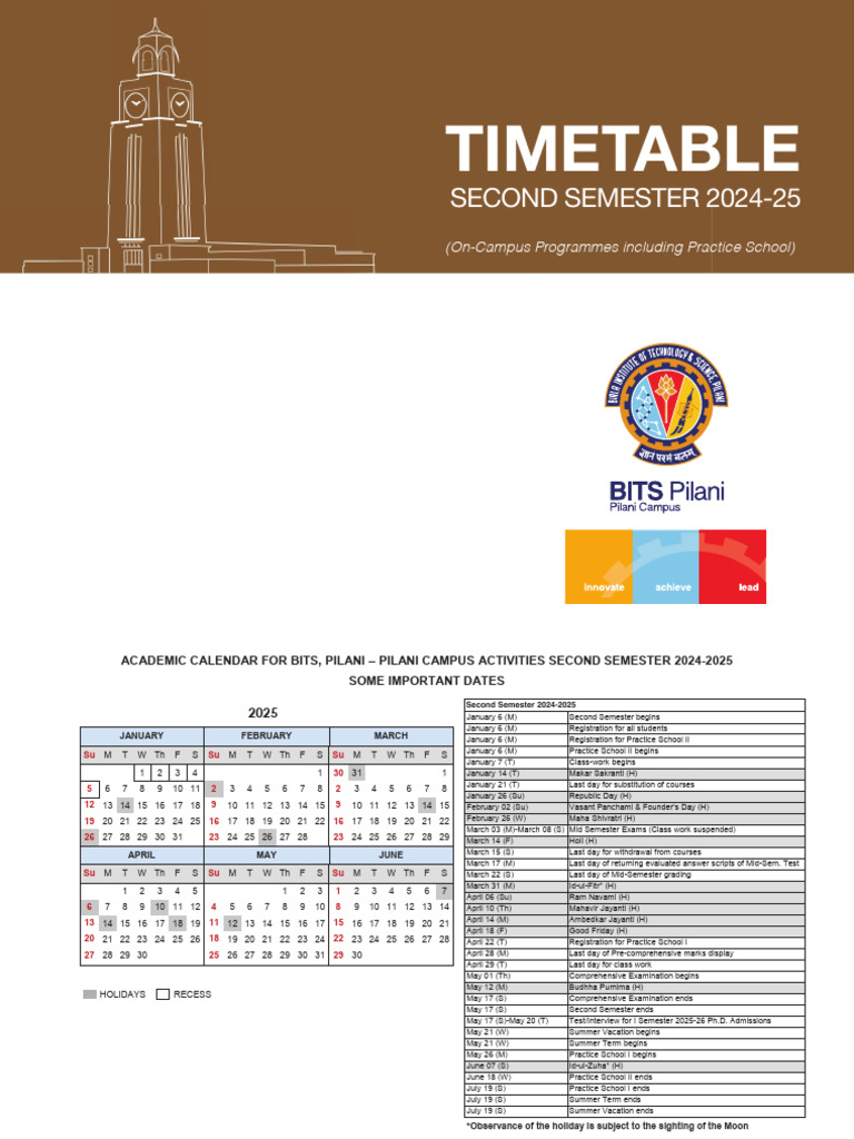 Tentative Timetable for II Semester 2024-25 (as on 12th Dec 2024) | PDF | Academic Term | Schools