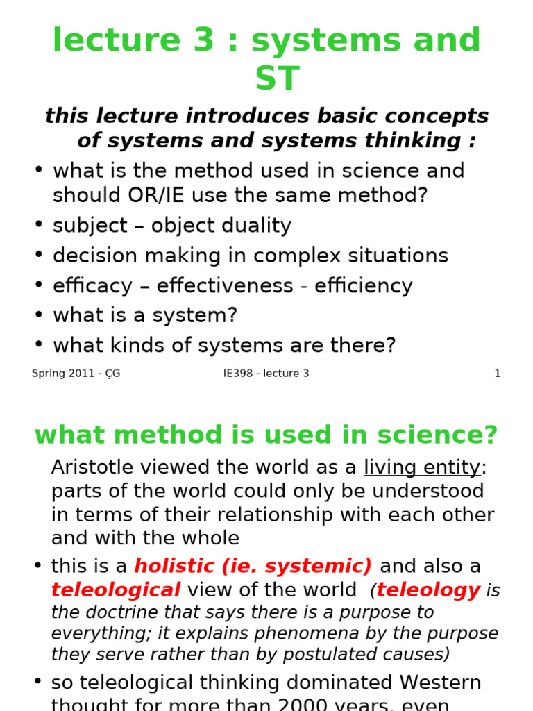 lecture 3-2011 | PDF | System | Reductionism