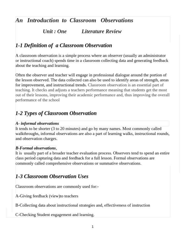 Introduction To Classroom Observations | PDF | Teachers | Learning